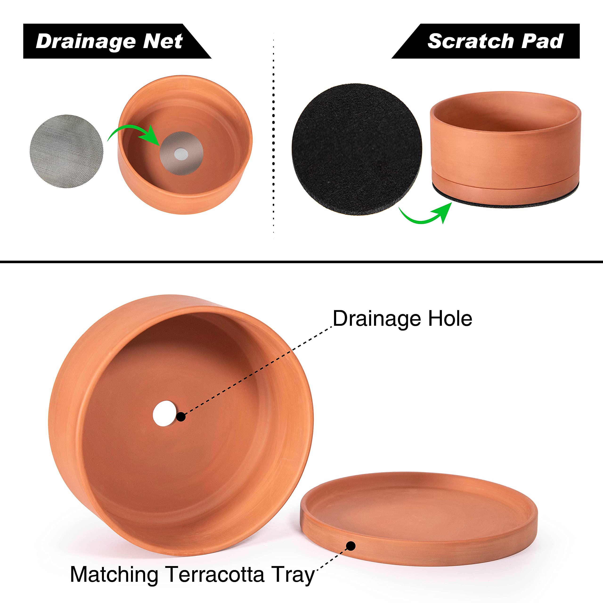 D'vine Dev 10 Inch Succulent Terracotta Shallow Pot with Drainage Hole and Saucer, Round Cylinder Planter Pot for Plant Flower, 40-B-L-10-1