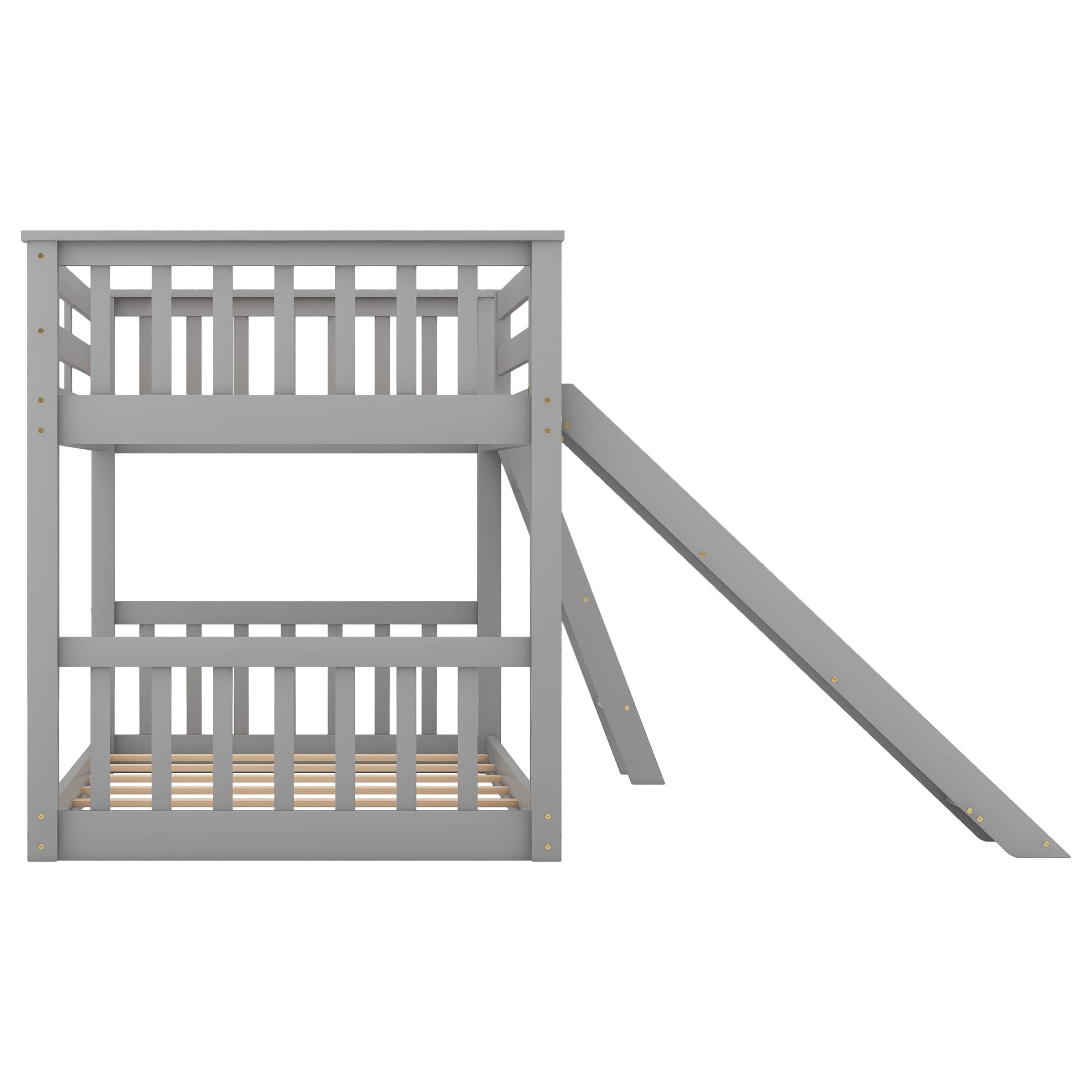 Harper & Bright Designs Bunk Bed Twin Over Twin,Wooden Twin Bunk Bed with Slide & Angled Ladder, Low Profile Toddler Bunk Beds for Kids, Floor Bunk Beds for Girls Boys,Grey