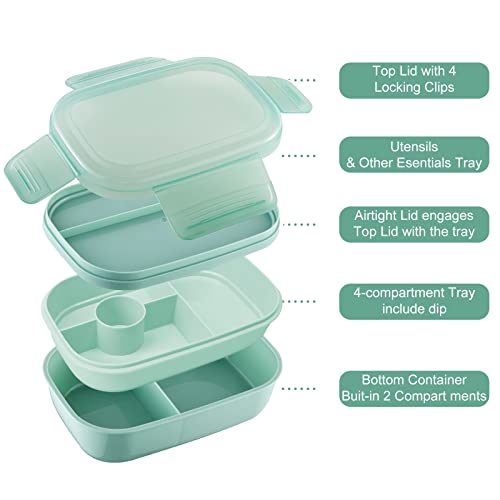 Landmore Bento Box Adult Lunch Box, 3 Stackable Bento Lunch Containers for Adults/Kids, 3 Layers All-in-One Bento Box with Utensil Set, Leak-Proof Bento Box for Dining Out, Work, Picnic, School Green