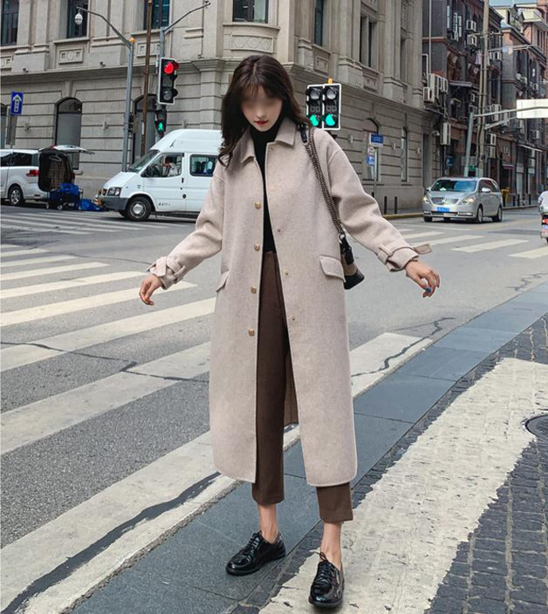 BLFYQB Woolen Coat Female in The Long Section Autumn and Winter Hepburn Wind Thicken Thigh Sen Department Woolen Jacket Capable Neat/Beige/S