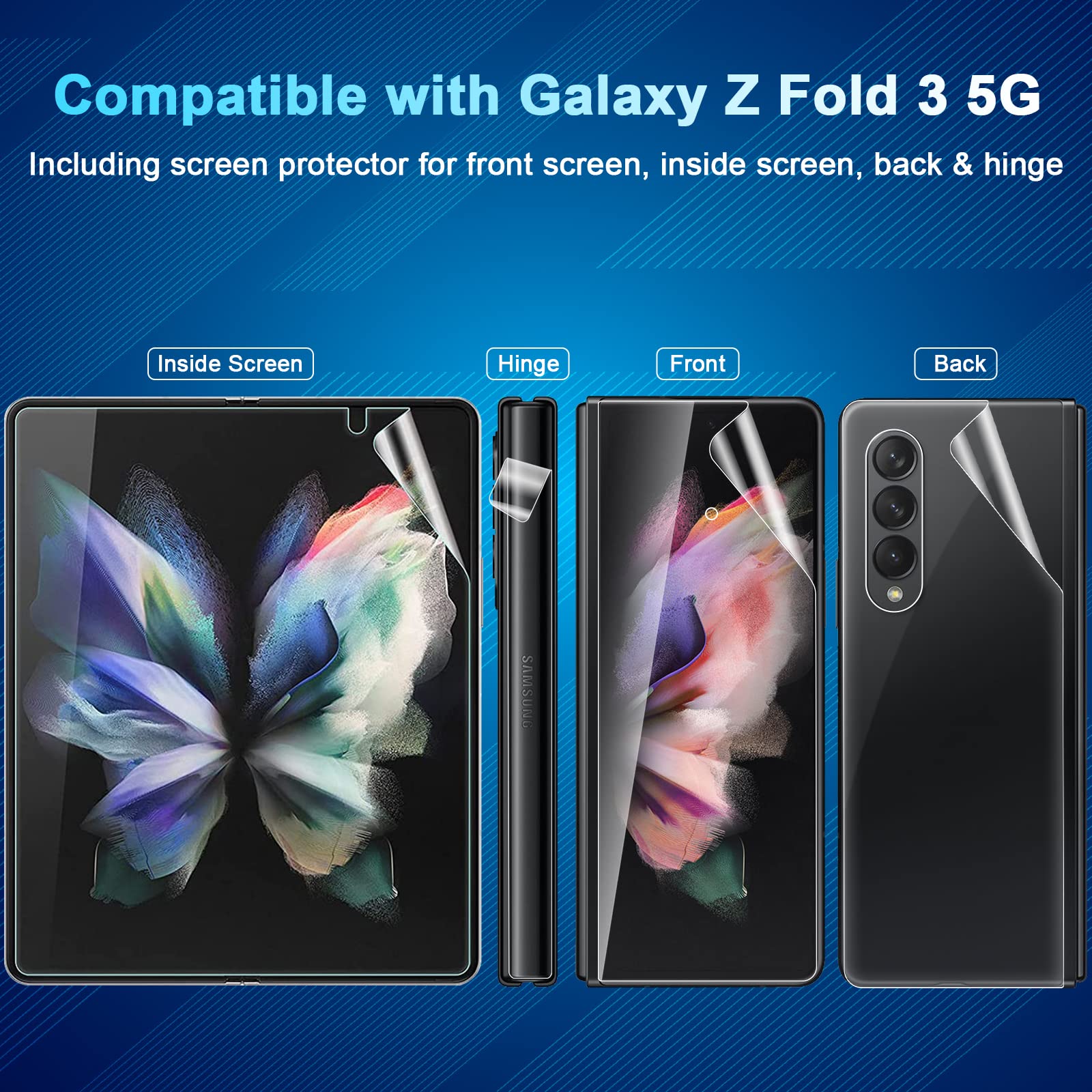 CWQZGUF [1Set 3PCS] Galaxy Z Fold 3 Screen Protector, Inside TPU Film + Full Covered Outer + Back Cover Protector, High Clarity, Anti-Shatter, Bubble Free for Samsung 5G Protector