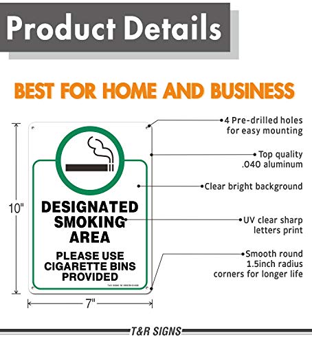 Designated Smoking Area Sign, Use Cigarette Bins Sign - 2 Pack - 10 x 7 Inches Rust Free .040 Aluminum - UV Protected, Waterproof, Weatherproof and Fade Resistant - 4 Pre-drilled Holes