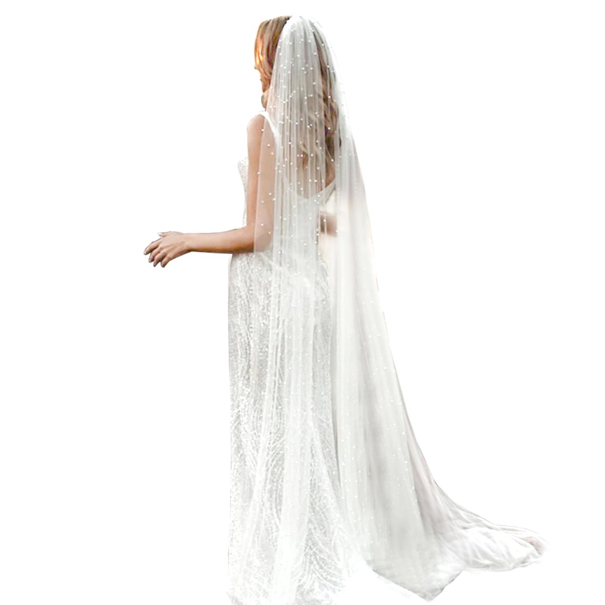 chrumeshi Long Wedding Bride Veil Pearl Cathedral Length Veils For Women With Comb (118(inch), white)