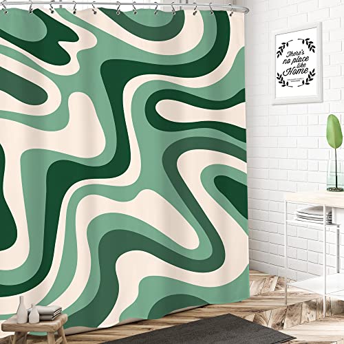LIGHTINHOME Aesthetic 70S Shower Curtain 60Wx72H Inches Green Y2K Abstract Waves Swirl Cute Retro Boho Groovy Bathroom Decor Shower Accessories Cloth Fabric Waterproof Polyester Set with Hooks