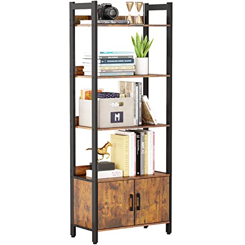 Furologee Bookshelf and Bookcase with Doors, Tall 61" Free Standing Display Shelving Units with 4-Tier Shelves, Industrial Storage Cabinet for Home Office, Living Room, Bedroom, Bathroom, Rustic Brown