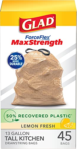 Glad ForceFlex MaxStrength Tall Kitchen Drawstring Trash Bags, 13 Gallon, 50% Recovered Plastic, Lemon Fresh, 45 Count