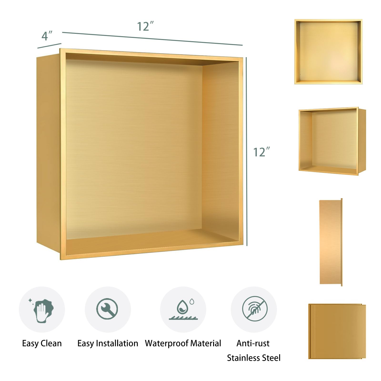 Elefloom Shower Niche, Stainless Steel Modern Bathroom Niche, No Tile Needed Recessed Shower Shelf Organizer for Storage, Golden, 12"×12"