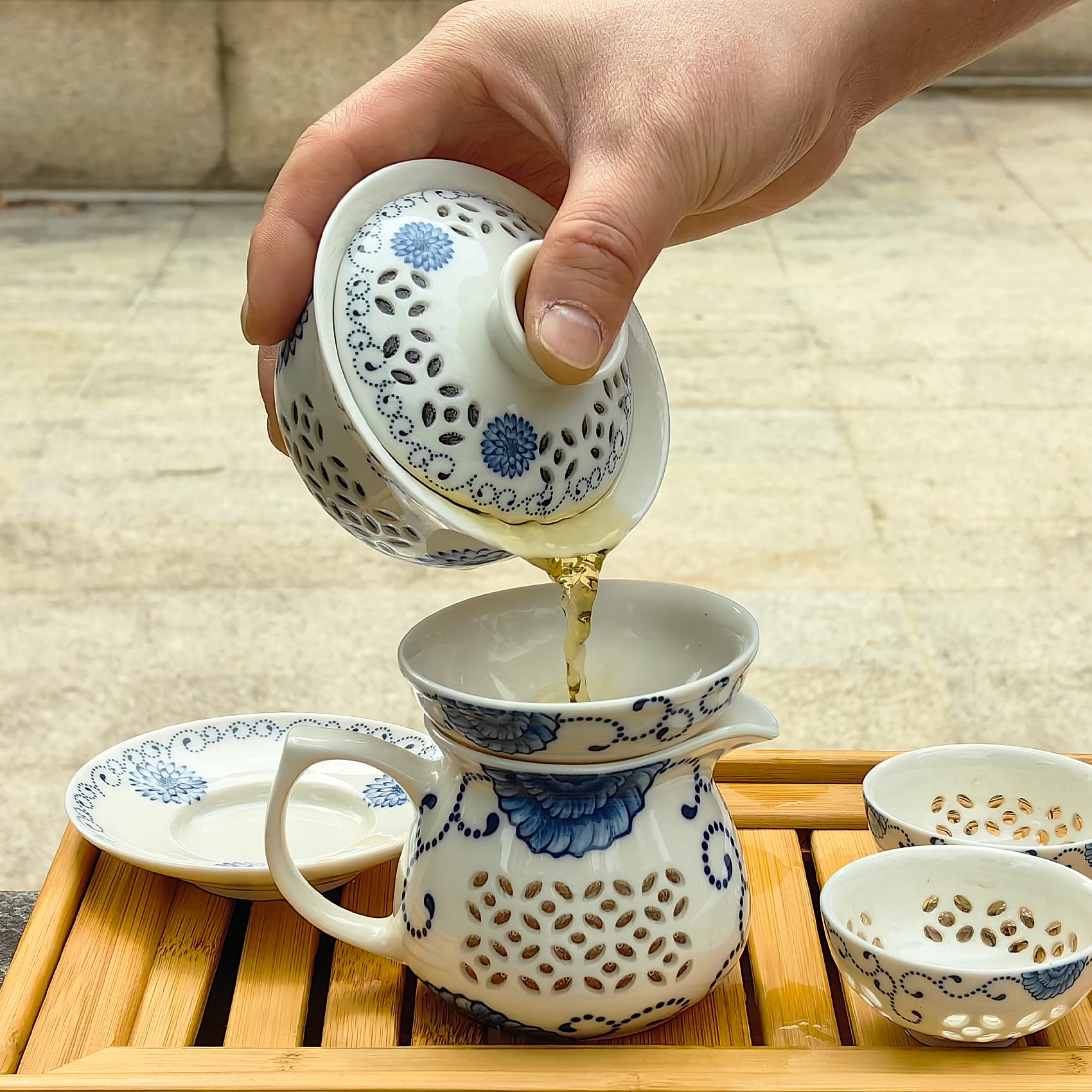 Ceramic Gai Wan Tea Cup, Gaiwan For Chinese Traditional Gong Fu Tea Ceremony To Brew Loose Oolong Bags or Flower GW-W5 (Sunward flower)