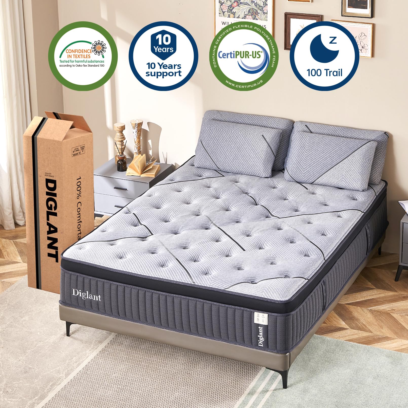 DIGLANT Full Mattress, 14Inch Gel Memory Foam & 7-Zone Pocket Spring Full Size Mattress, Medium Plush Hybrid Mattress in Box for Motion Isolation,Pressure Relief,CertiPUR-US, 54 * 75