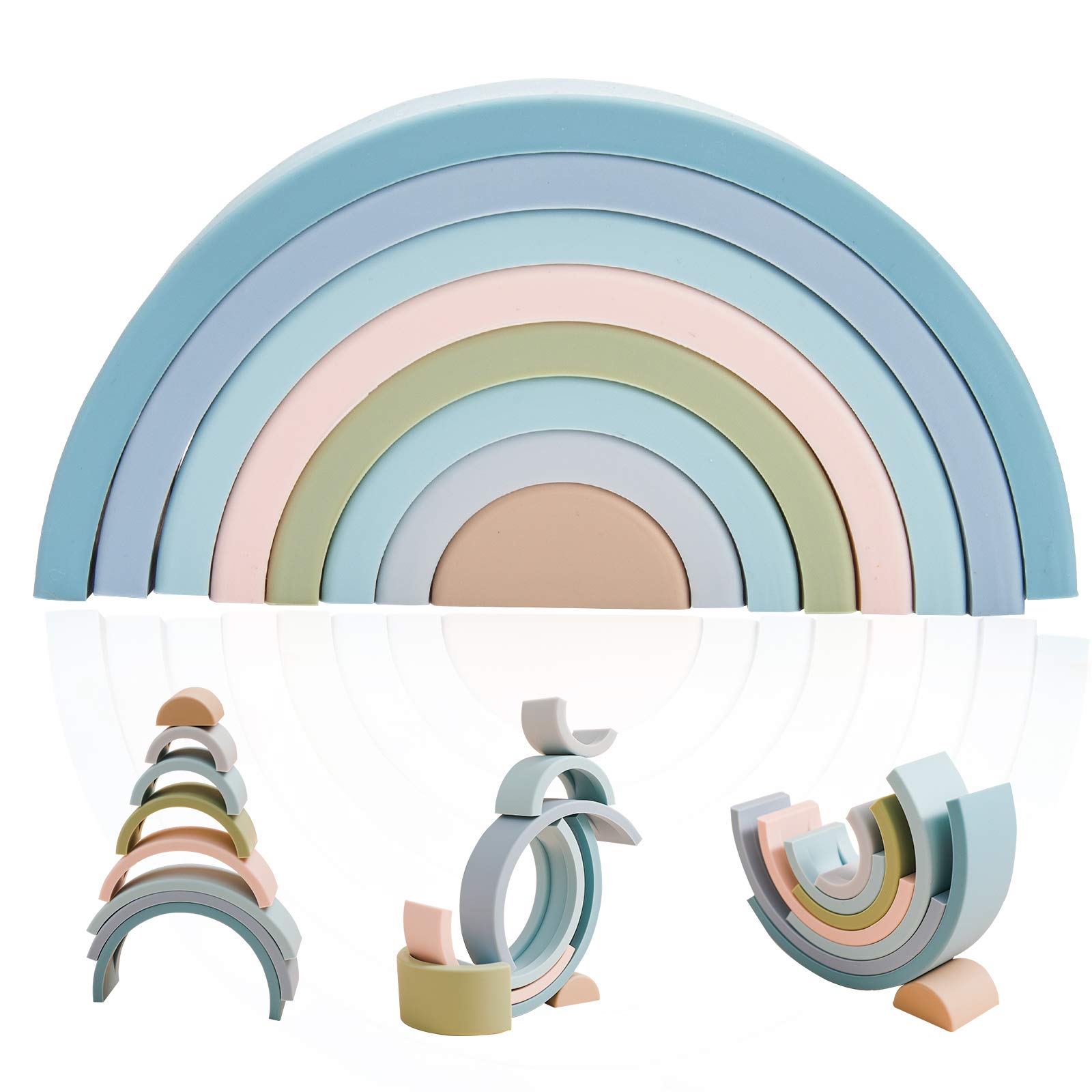 Macabaka Silicone Rainbow Stacker Nesting Puzzle Building Blocks Stacking Toys, Boho Baby Toys, 10 Pcs Educational Toys Learning Montessori Toys for Toddlers Kids, BPA-Free, Brown Series