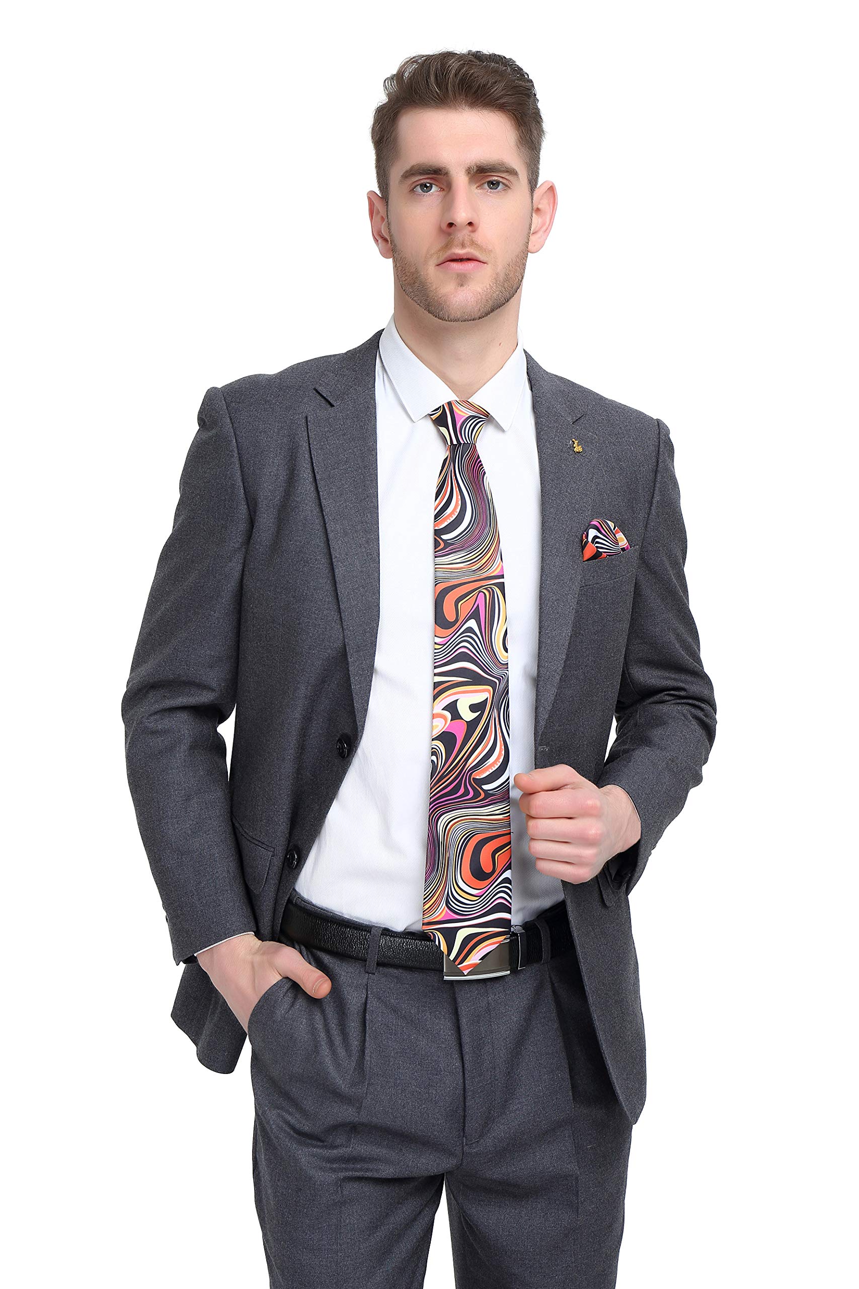 Barry.Wang Men Tie Set Print Orange Hot Pink Black Silk Necktie Pocket Square Cufflinks Formal Wedding Party Business