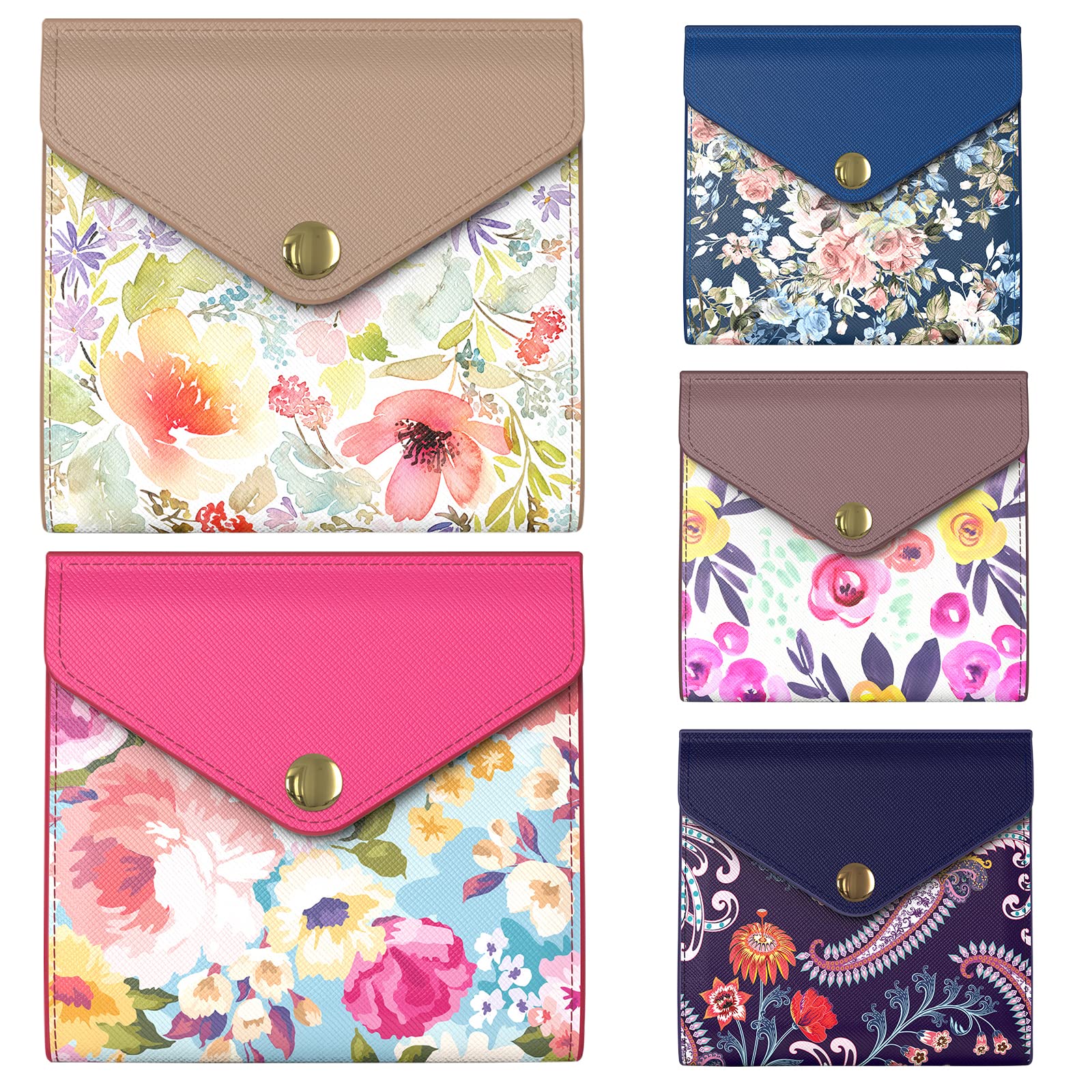 Rose Lake Wallet for Women (5 Pack) RFID Blocking Credit Card Holder Zipper Coin Purse (Multi Flower-5 Pcs)