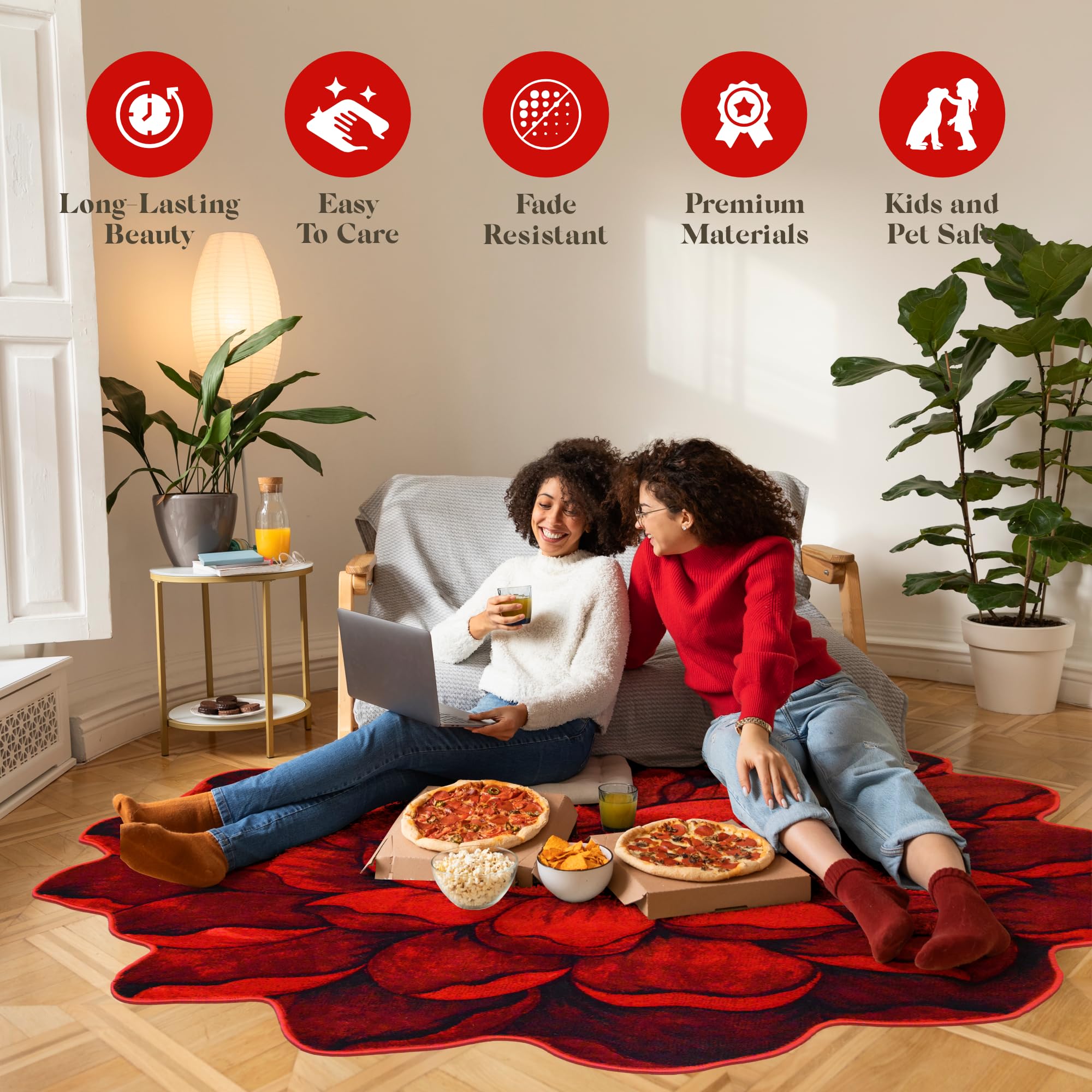 Flower Rug 2ft Round Area Rugs Cute Plush Flower Shaped Rug Circle Girly for Bedroom Floor Living Room Carpet 301 Red