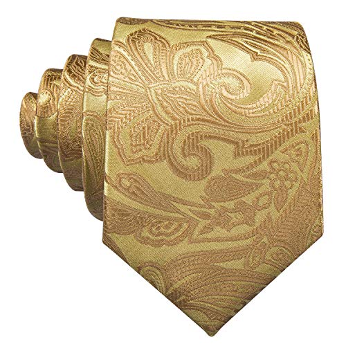 Barry.Wang Men Tie Set Paisley Gold Silk Necktie Pocket Square Cufflinks Formal Wedding Party Business Prom