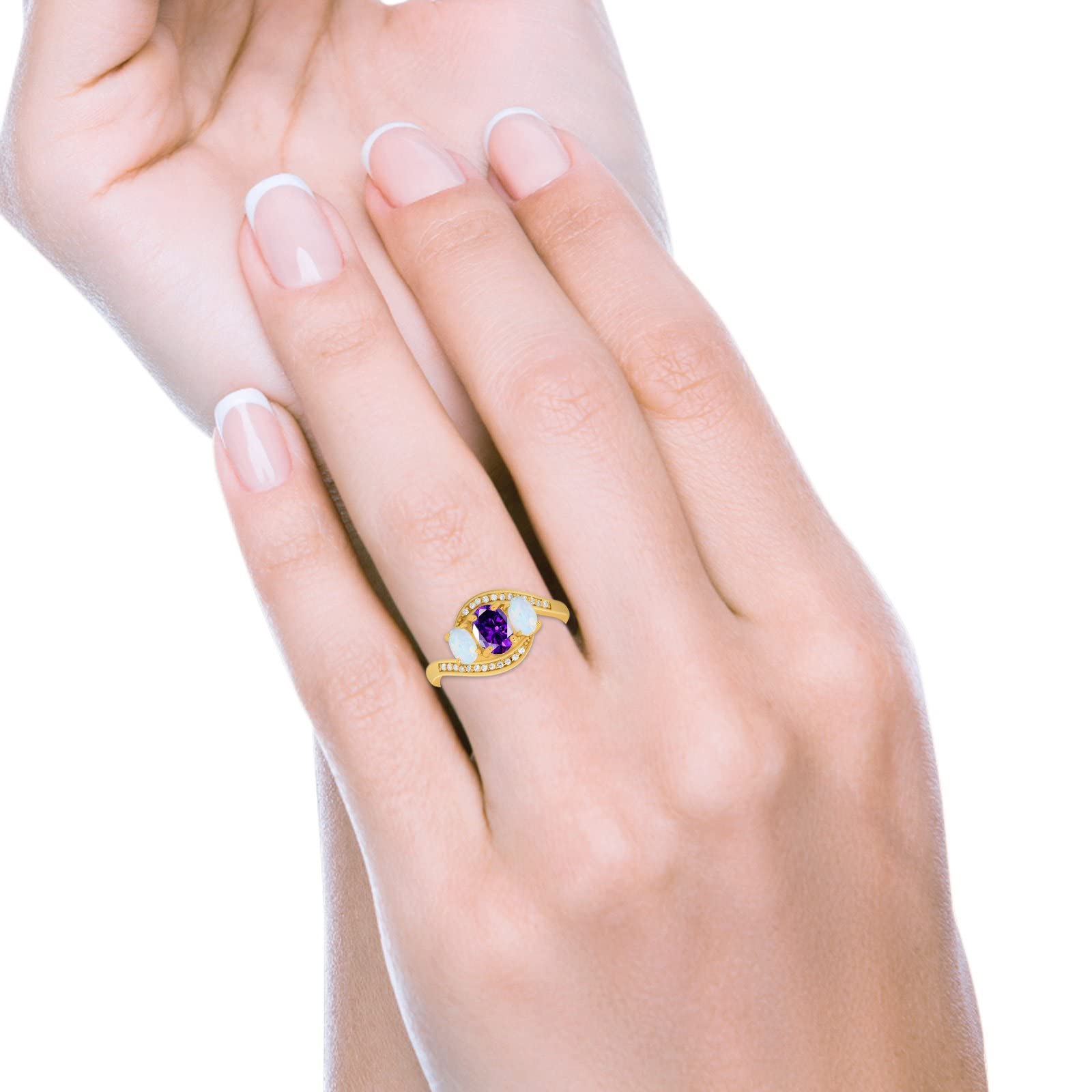 Blue Apple Co. Amethyst CZ Yellow Tone Size-6 Art Deco Three Stone Ring Oval CZ Twisted Bypass Ring 3-Stone Swirl Wedding Engagement Rings For Women 925 Sterling Silver Gifts For Her