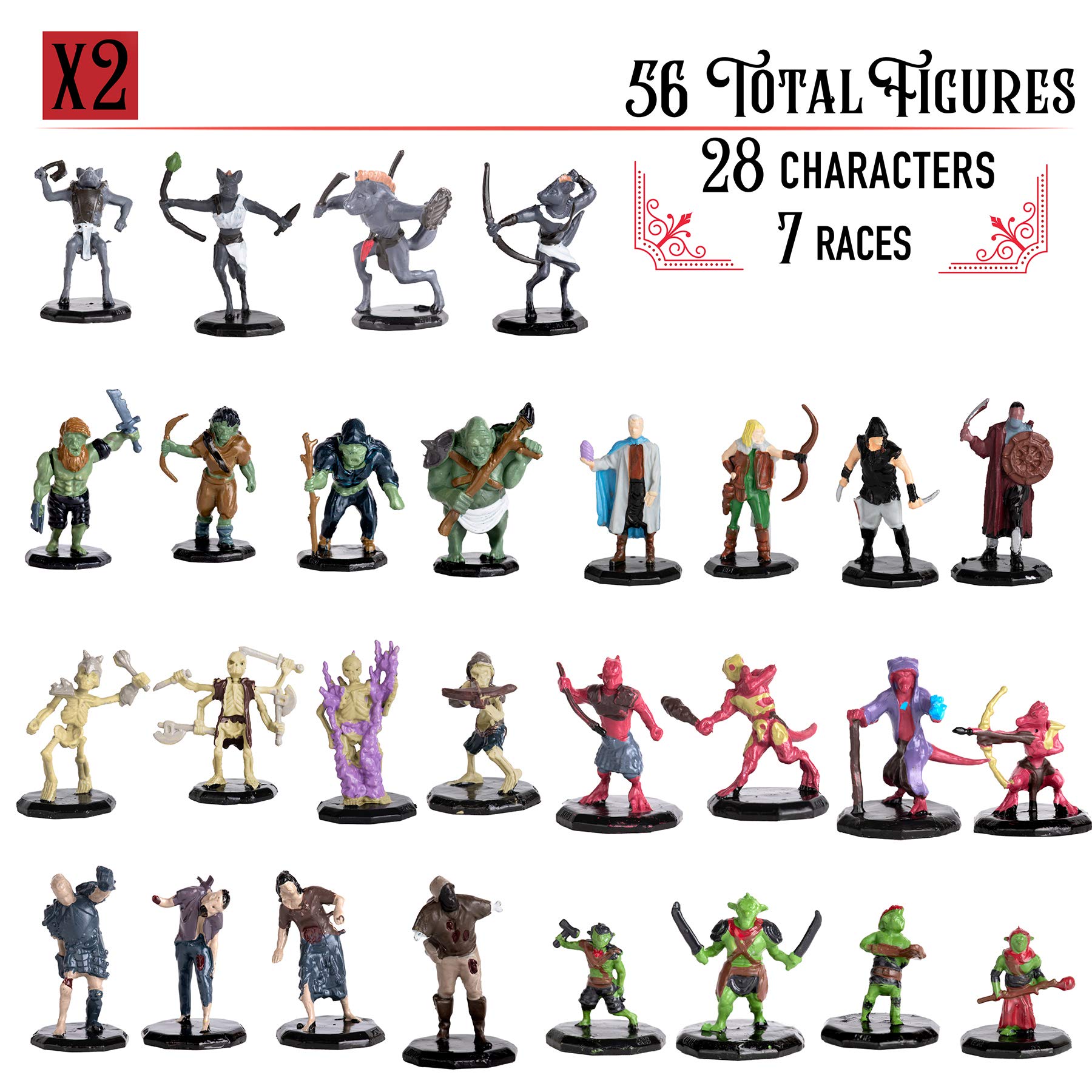 Monster Protectors 56 Fantasy Mini Figures - All Unique Designs - 1" Hex-Sized Compatible with DND Dungeons Dragons, Pathfinder, RPG Tabletop Games - Features Goblins, Orcs, Gnolls, Skeletons & More