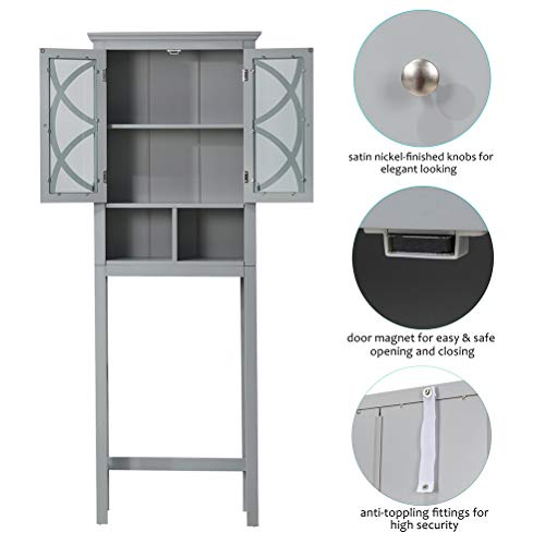 glitzhome 68.25 Inch Wooden Free Standing Storage Cabinet with Double Glass Doors Bathroom Cabinet Spacesaver Grey