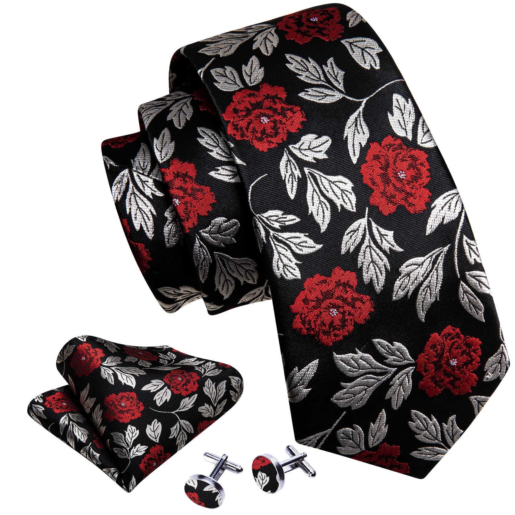 Barry.Wang Men's Classic Floral Necktie Set,Black Red,One Size