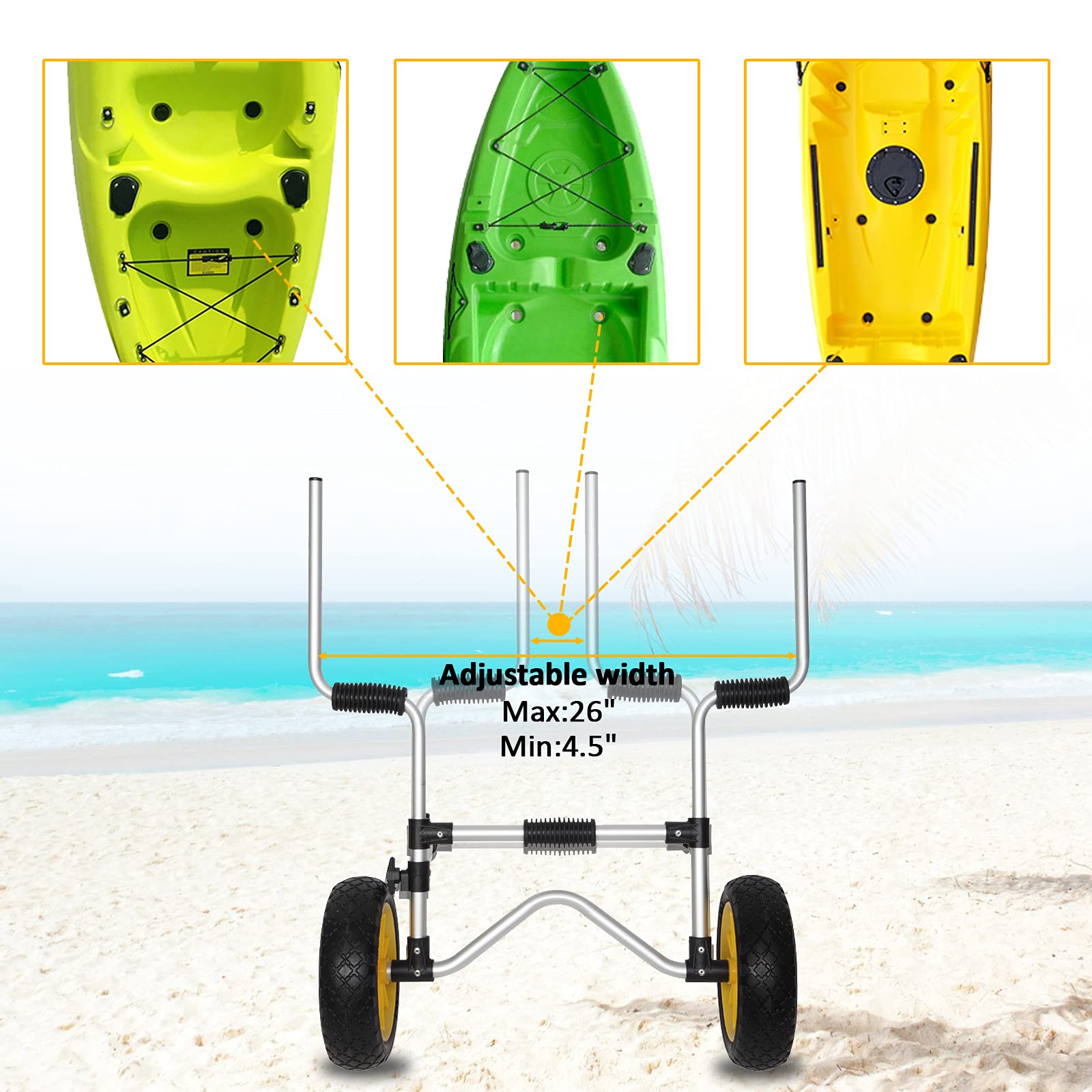 Bonnlo Kayak Dolly Scupper, Kayak Trolley Carts for Sit on Top Kayaks with Plug Holes Width Adjustable Canoe Cart with Flat-Free Wheels