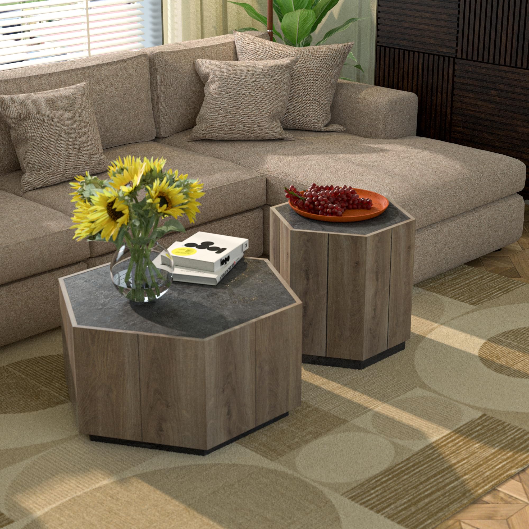 DREAMODERN Round Nesting Coffee Table Set of 2, Modern MDF Finish Pedestal Side Table Accent End Table for Living Room Small Space - Black