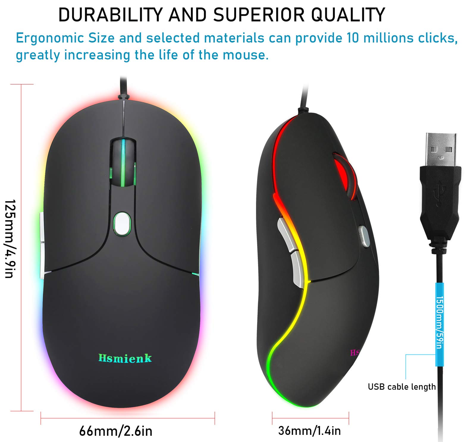Wired Mouse, Mouse for Laptop with Easy Click for Office, Home, Gamer, 3200DPI, Programmable Buttons, USB LED Backlit Mice Wired Computer Mouse Compatible with Laptop, PC, Desktop, Black