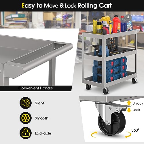 IRONMAX 3-Tier Utility Service Cart, 400 Lbs Heavy Duty Metal Trolley Rolling Cart w/Ergonomic Flat Handle, Lockable 360°Swivel Wheels, Chic Mechanic Tool Cart for Garage Warehouse & Repair Shop