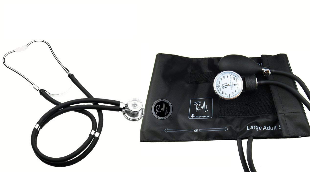 EMI EBL-430 Sprague Rappaport Dual Head Stethoscope and Manual Aneroid Sphygmomanometer Blood Pressure with Large Adult Cuff (Cuff Size: 33 cm to 51 cm | 13 inch to 20 inch) - Black