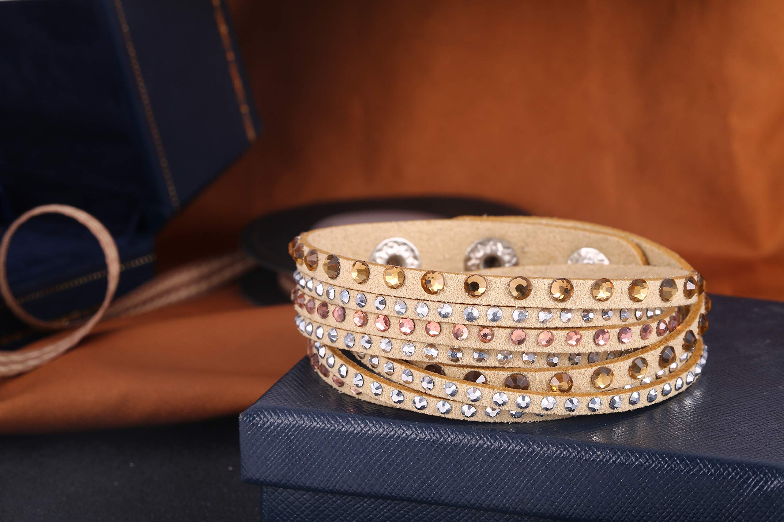 Barzel Leather Created Austrian Crystals Wrap Bracelets (Black with Black & White Stones)