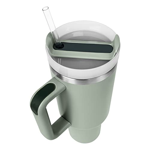 Serborni 40 oz Tumbler With Handle and 3 Straws Lid, Insulated Tumblers Stainless Steel Travel Coffee Mugs For Hot and Cold(Bay Leaf)