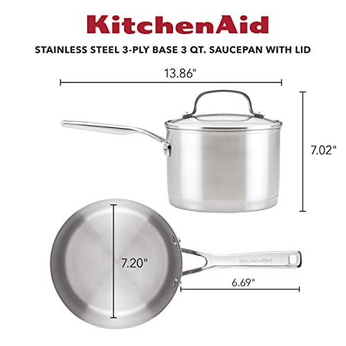 KitchenAid 3-Ply Base Brushed Stainless Steel Sauce Pan/Saucepan with Lid, 3 Quart