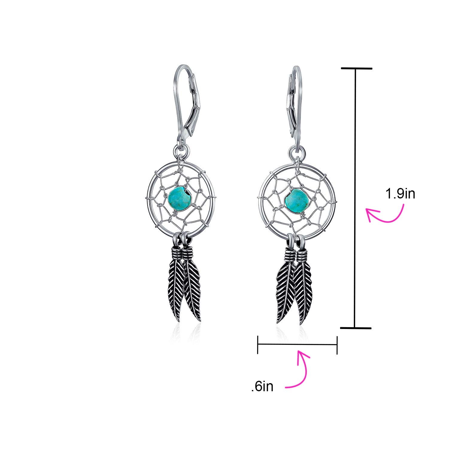 Blue Turquoise Western Jewelry Native American Indian Dream Catcher Feather Dangle Earrings For Women Teen .925 Sterling Silver