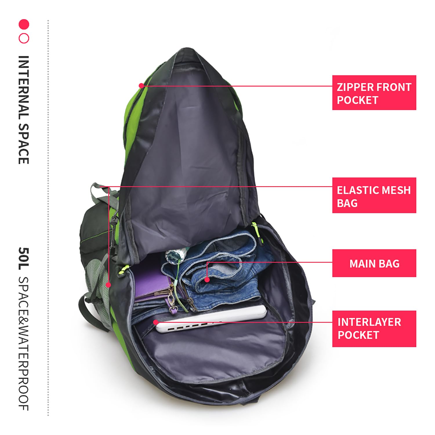 Bseash 50L Hiking Backpack, Water Resistant Lightweight Outdoor Sport Daypack Travel Bag for Camping Climbing Touring (Green - No Shoe Compartment)