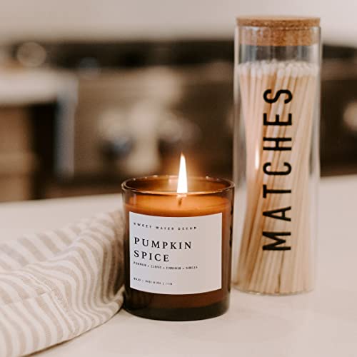 Sweet Water Decor Pumpkin Spice Candle - Fall Candles with Pumpkin, Clover, Cinnamon & Vanilla Scent for Home - Pumpkin Candle with 50 Hours Burn Time - 11Oz Wood Lid Amber Jar Pumpkin Soy Candles