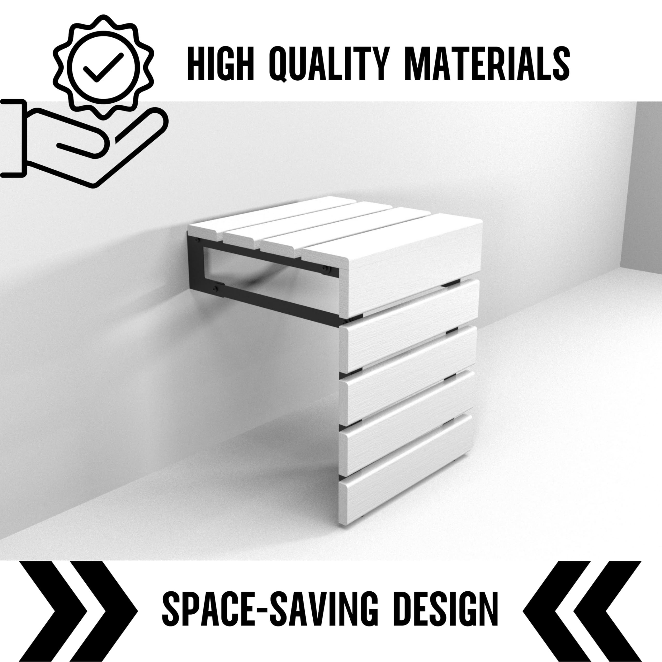 Folding Wall Mounted Teak Wood Handmade Shower Seat, Inside Shower Bathroom Stool for Seniors Disabled Pregnant Handicapped, Foldable Water Resistant Outdoor Bench (White)