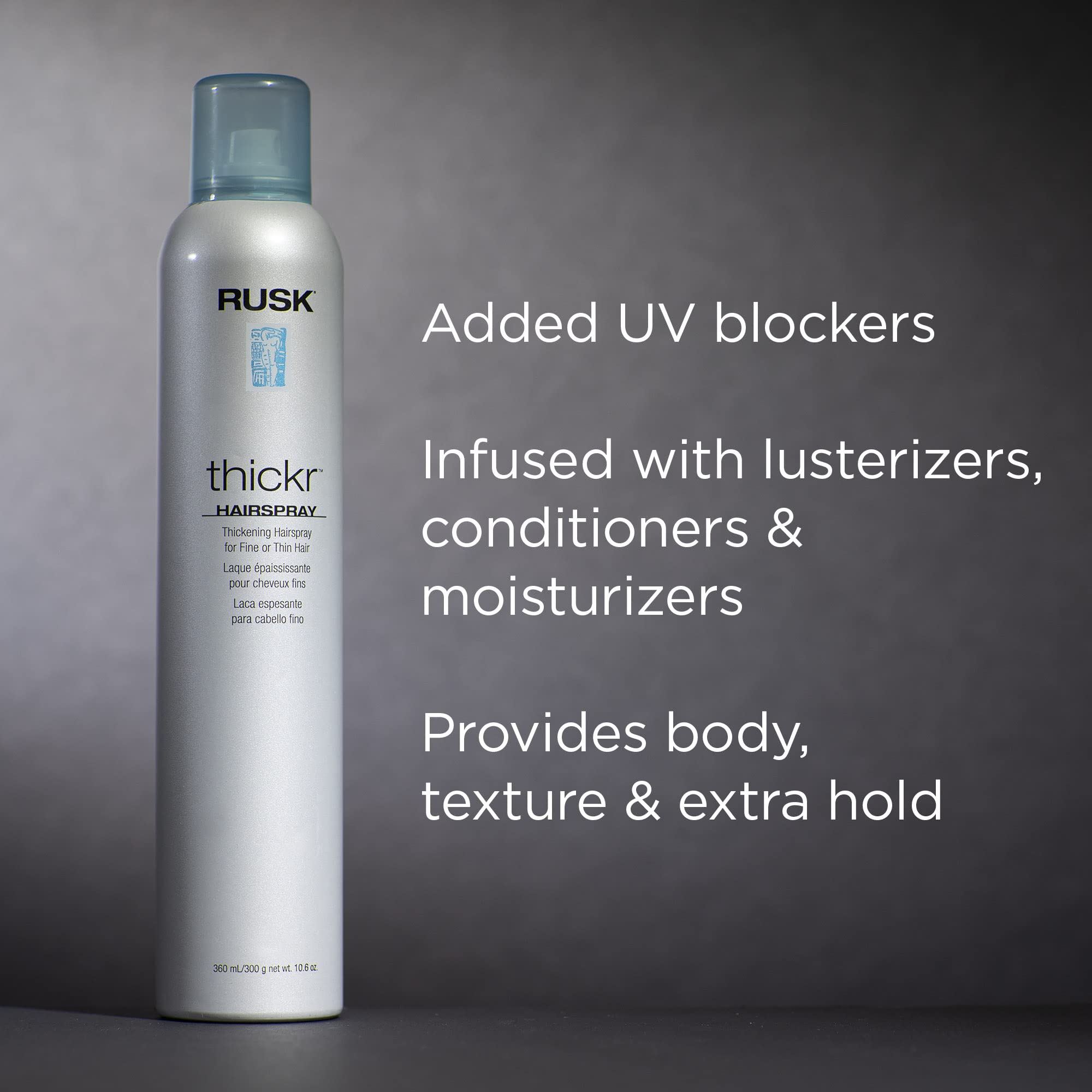 RUSK Thickening Hairspray, 10.6 Oz, Extra-Hold Hairspray, Powerful Texture and Shine, UV Blockers to Protect Color-Treated or Highlighted Hair