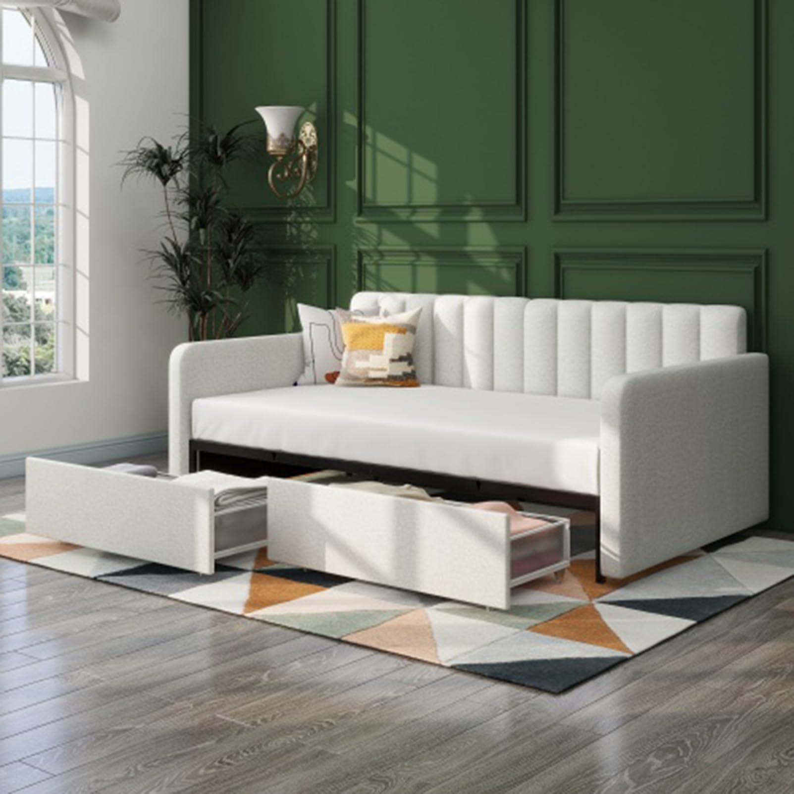 CYzpf Deep Seat Sofa Couches Bed,3 Seater Modern Cloud Sofá,Upholstered Lounge Sofa,Ribbed Tufted Backrest,with 2 Big Drawers,for Small Space, Apartment,Home Office,White