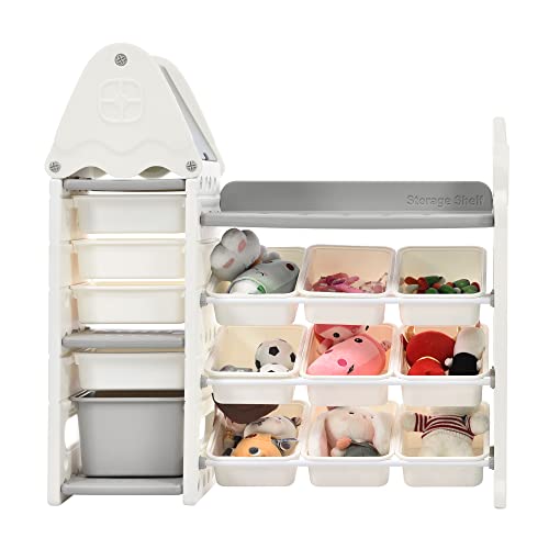 Toy Storage Organizer with 14 Bins, Multi-functional Nursery Toy Shelf, Kids Toy Chest for Boys&Girls with HDPE Shelf and Bins for Playroom, Bedroom, Living Room, Gray