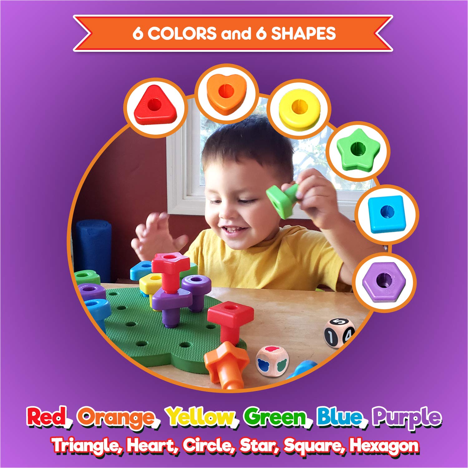 KIDS KORNER New & Improved Peg Board Stacking Toddler Toys Game Set - Lacing Fine Motor Skills for Ages 3 and Up - Matching Shapes with Pegs & Activity eBook