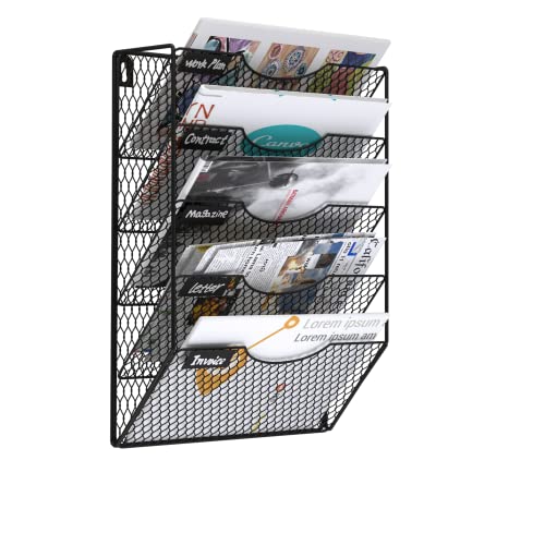 BSJYMJIAJU 5 Slots Arc Wall File Holder Wall Mount Magazine Rack Hanging Mail Organizer Metal Wire Mesh Wall Mount Mail Literature Organizer for Home and Office (Black)
