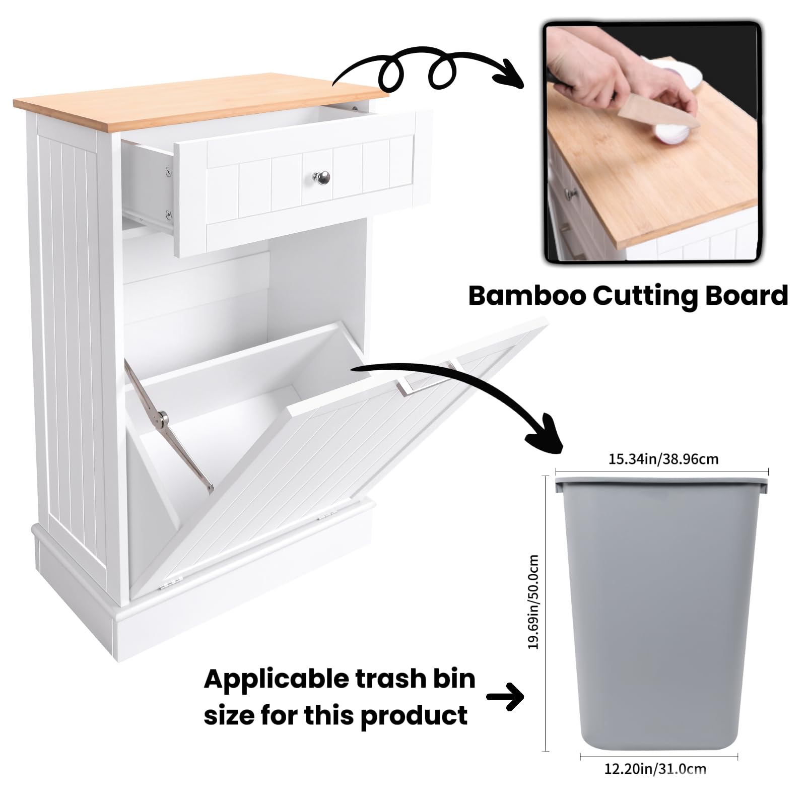 DLATRE Tilt Out Trash Cabinet 10 Gallon Kitchen Trash Can Holder Recycling Cabinet Laundry Hamper with Bamboo Cutting Board Hideaway Drawer Wooden with Added Countertop Space Keep Pets Out (White)