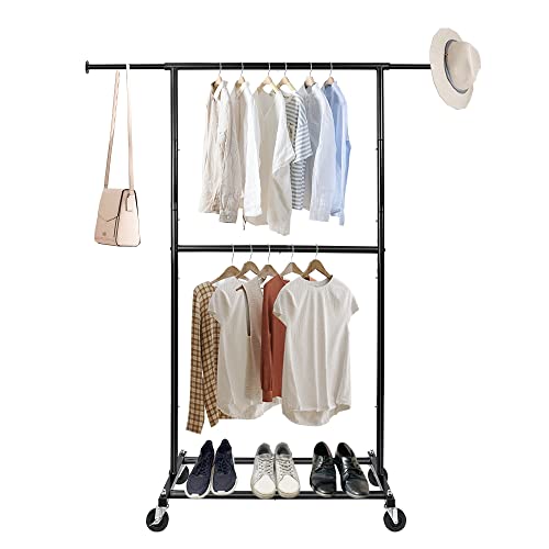 Fishat Simple Standard Double Rod Rolling Clothing Garment Rack for Hanging Clothes, Metal Clothes Organizer with Lockable Wheels (Black)