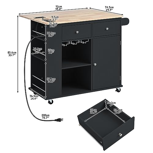 Gustonhon Kitchen Island with Drop Leaf,Dining Table Trolley with Power Outlet and Rubber Wood,Open Storage and Wine Rack,5 Wheels,with Adjustable Storage for Home, Kitchen, and Dining Room (Black)