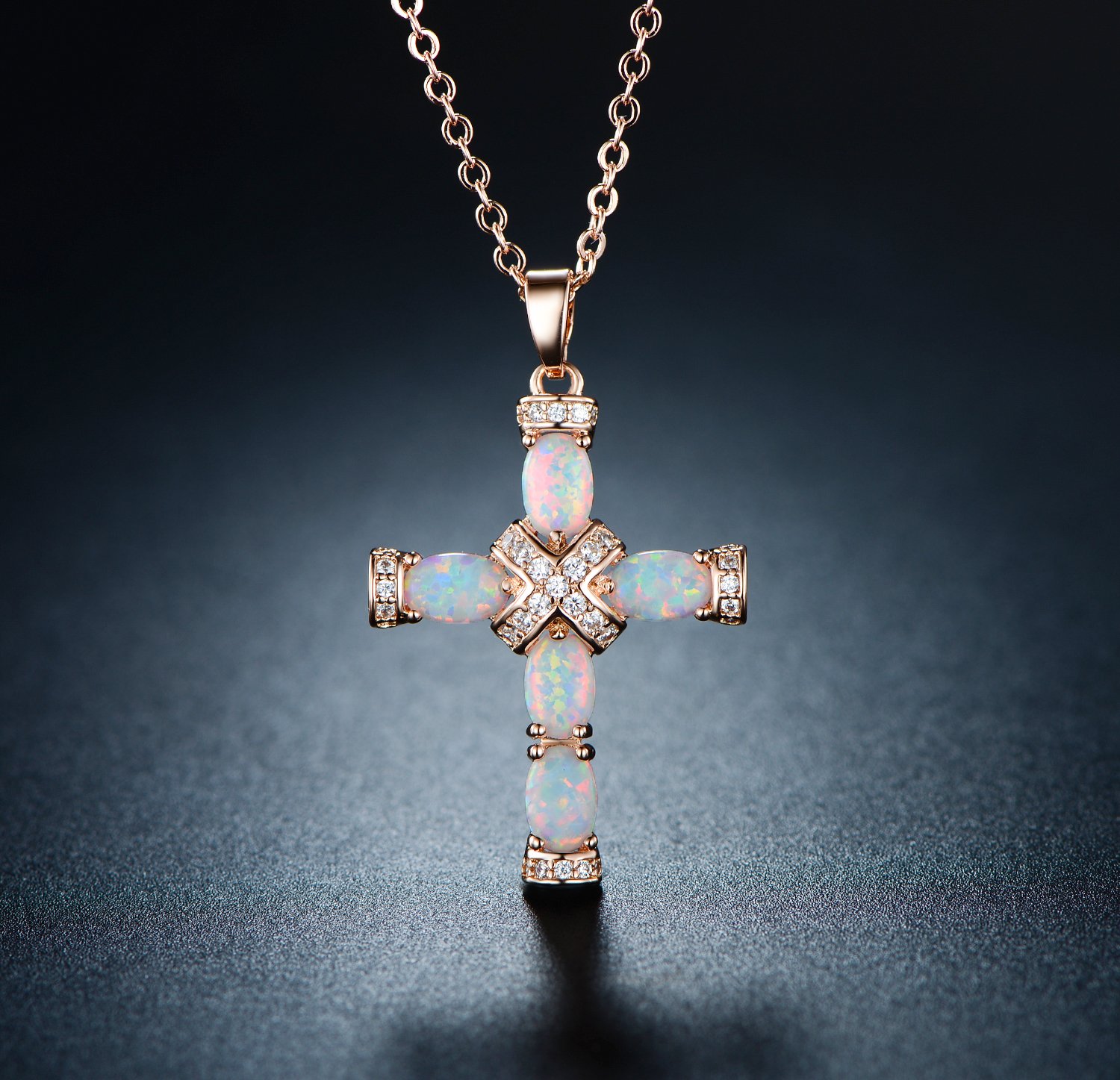 Barzel Rose Gold & White Gold Plated Created Opal Cross Chain With Pendant