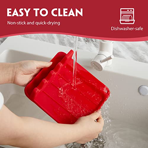 KITEXPERT Silicone Spoon Rest for Stove Top & Kitchen Counter - Non-Slip Utensil Rest with Drip Pad for Ladle, Spatula, Tongs and More Multifunctions - Heat Resistant Cooking Spoon Holder (Red)