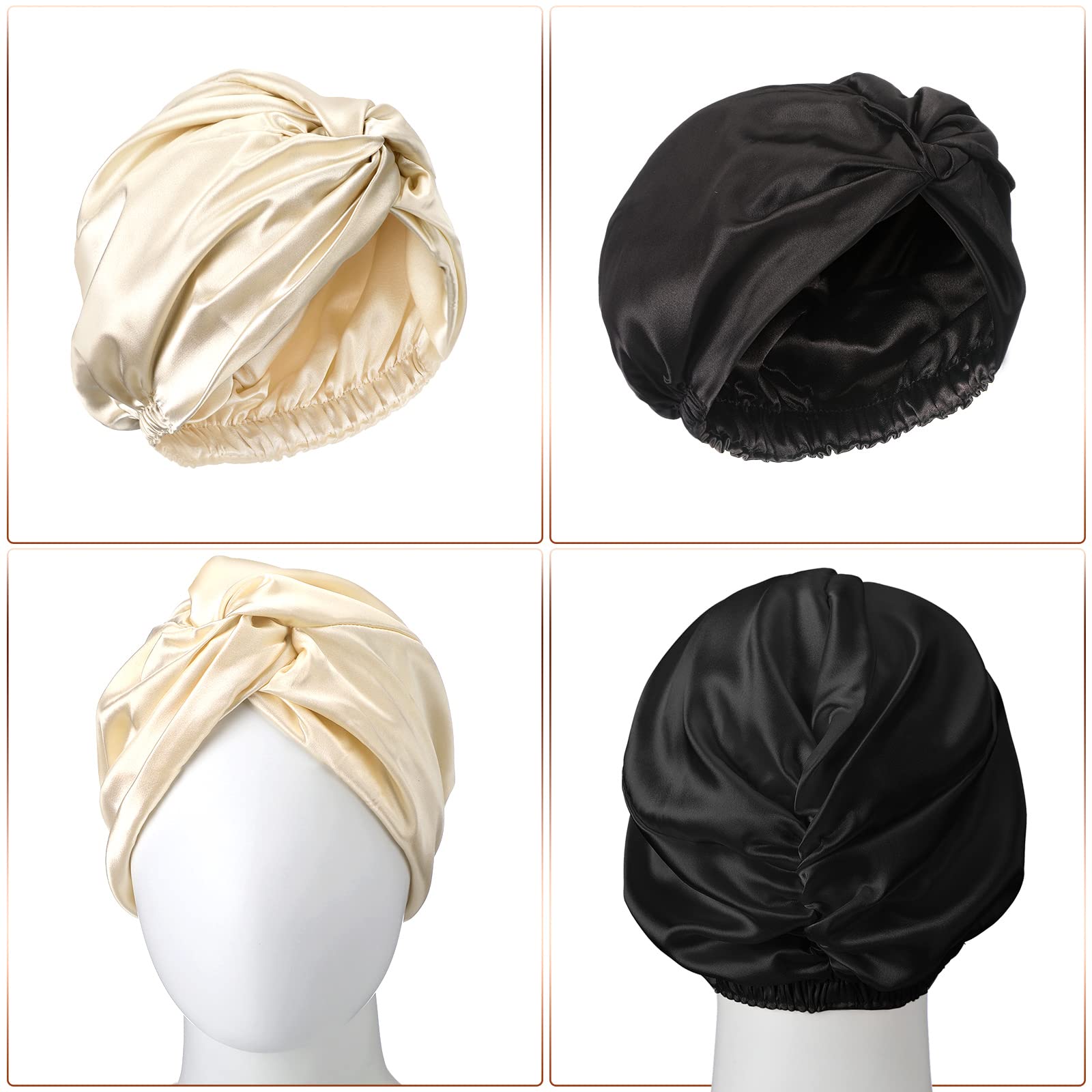 Geyoga 6 Pcs Reusable Large Silk Bonnet Hair Wrap for Sleeping, Natural Silk Scrunchy, Soft Scrunchies, Silk Ponytail Holder for Women's Hair Care (Black, Beige)