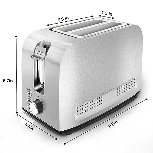 Runnatal 2 Slice Slot Toaster, Stainless Steel, Extra-Wide Slot Toaster with 7 Shade Settings, Silver Metallic