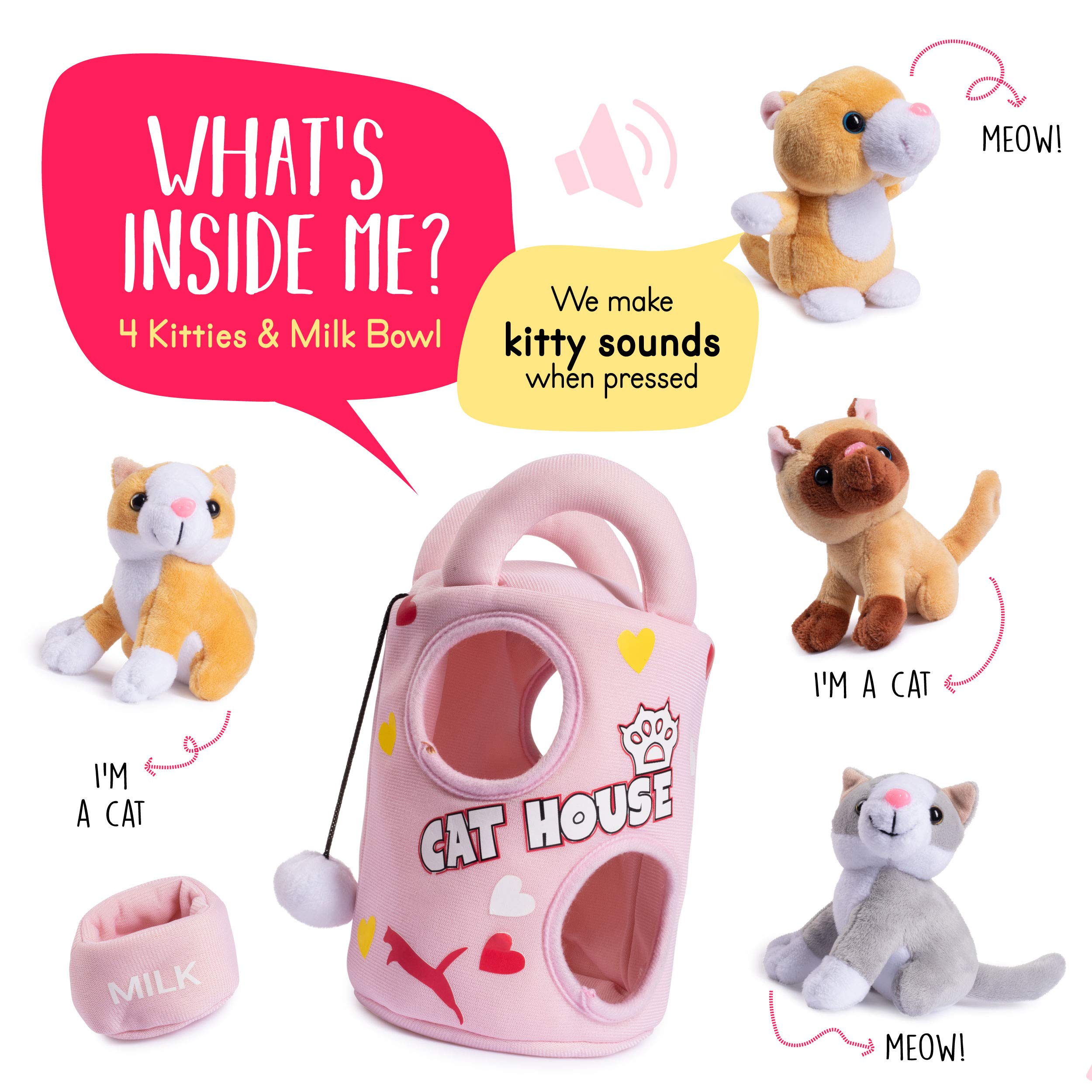 Plush Creations Talking Plush Cat House for Kids Includes Plush Cat House Carrier with 4 Soft Stuffed Talking & Meowing Kittens & A Cat Plush Milk Bowl Best Interactive Toy for Babies Or Toddlers