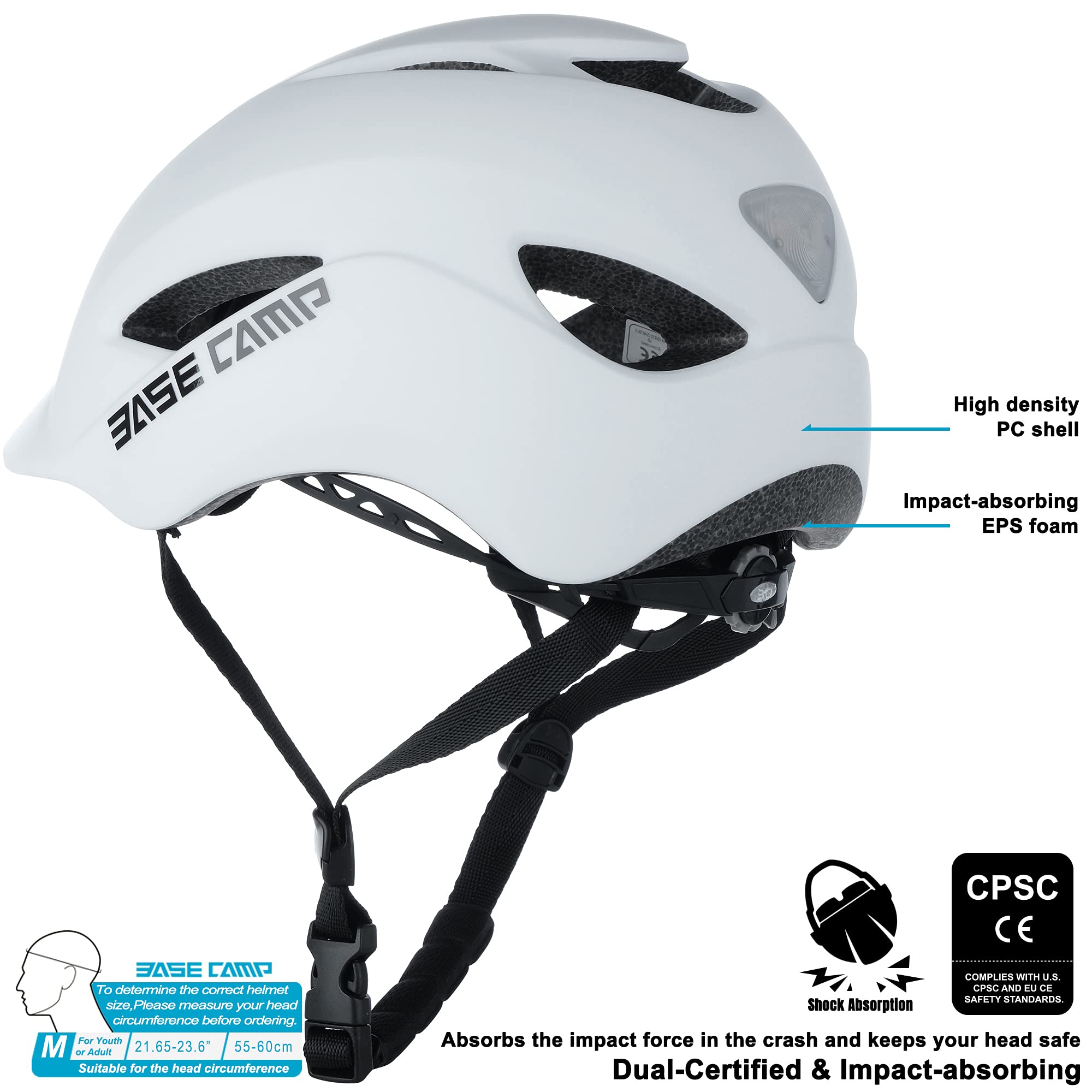 BASE CAMP Bike Helmet, Bicycle Helmet with Light for Adult Men Women Commuter Urban Scooter Adjustable M Size (White)