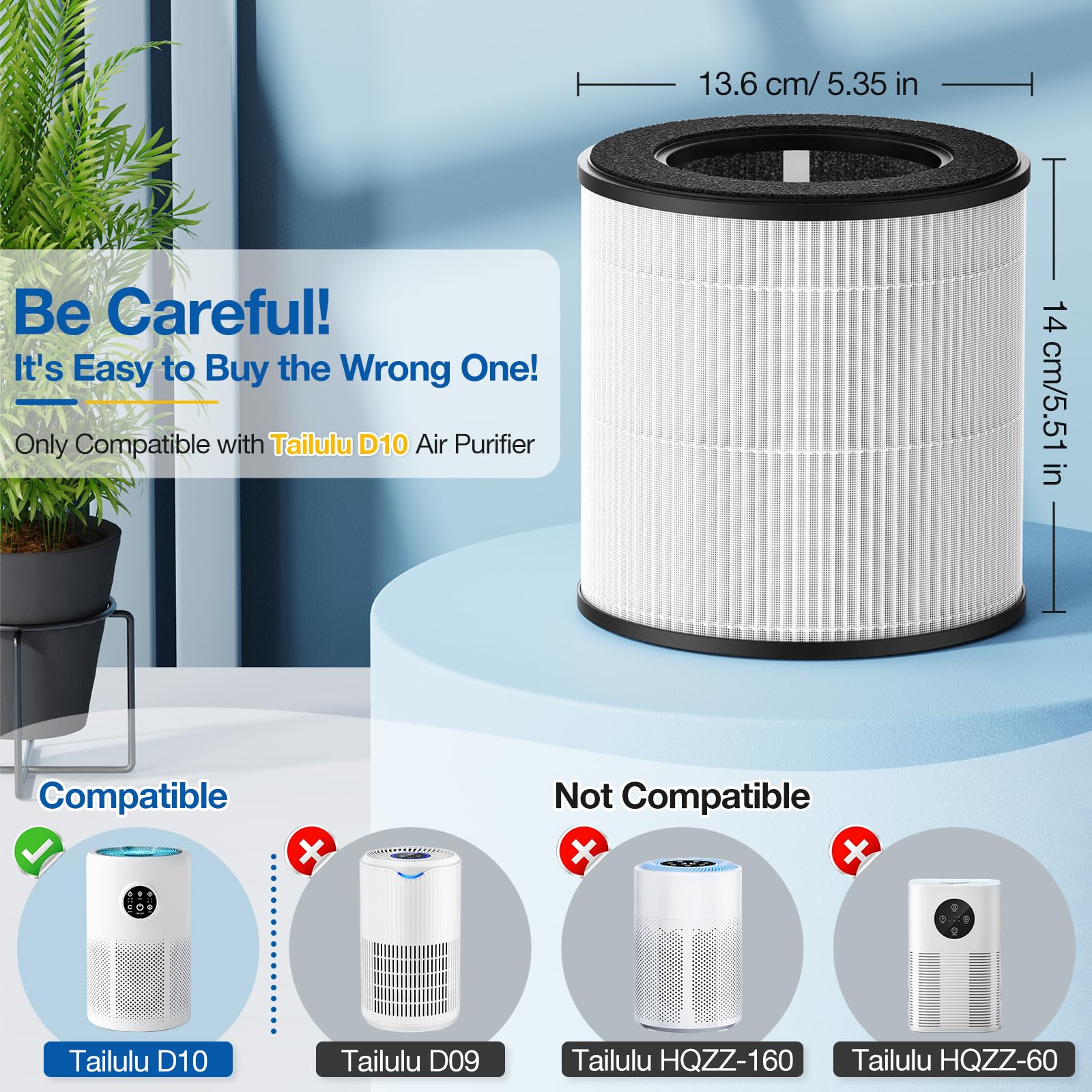 D10 Replacement Filter Compatible with Tailulu D10 HEPA Air Purifier, 3-in-1 H13 Grade True HEPA Replacement Filter, 360 Rotating D10 Filter, 2 Pack