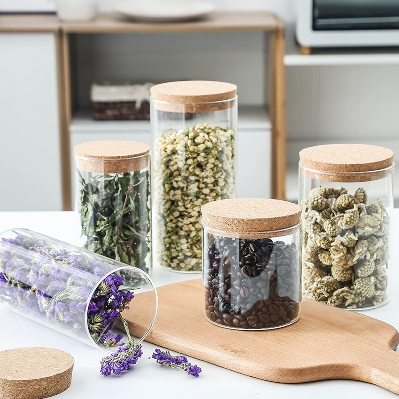 DNIENKGE Airtight Glass Storage Containers with cork Lid, for Kitchen Pantry Organization and Storage jar,Ideal for Coffee Beans Snacks Flour Cereal Sugar Tea 16oz. (Circular 3.9 * 3.3in*2pcs)